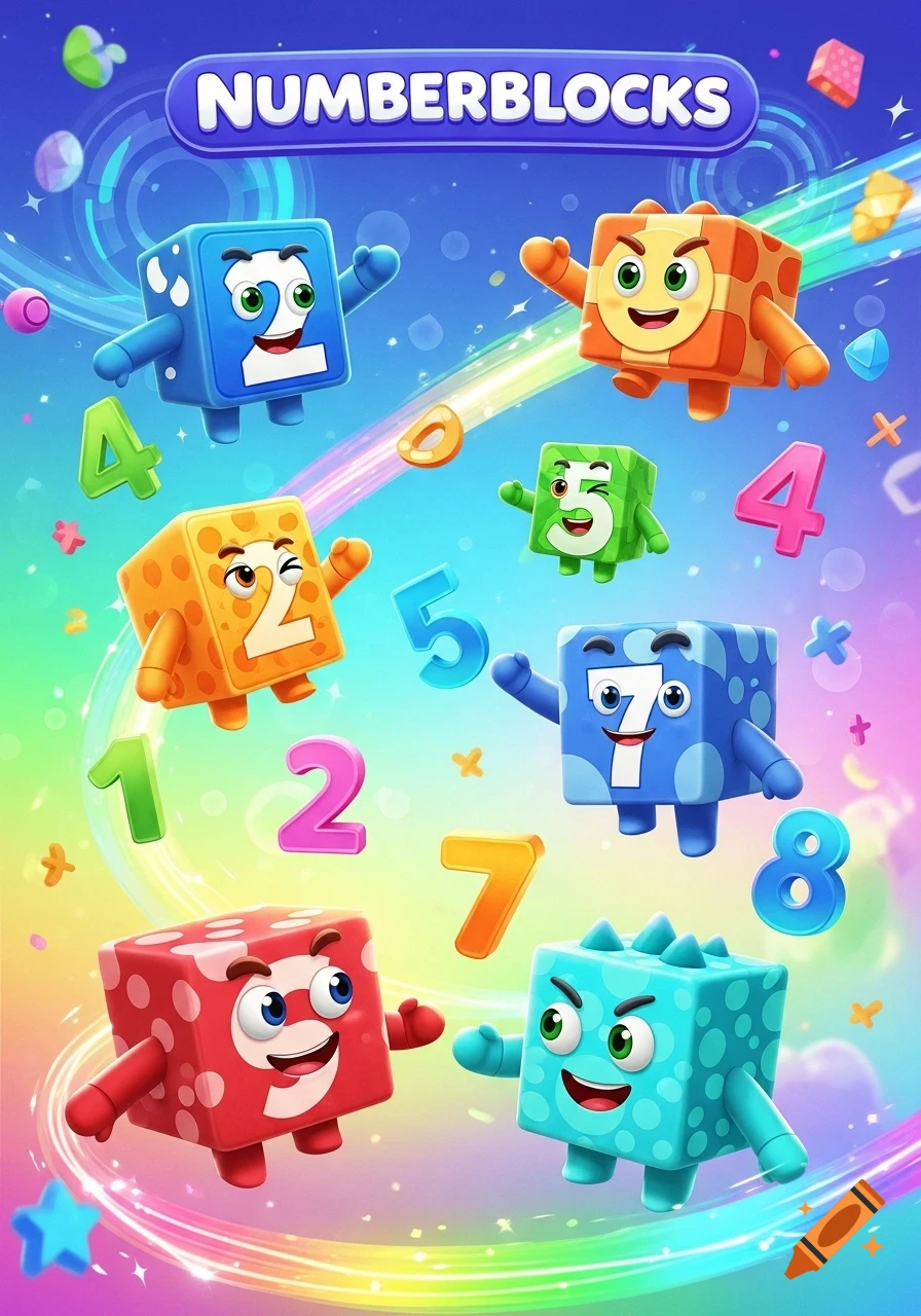 Colorful Numberblocks characters with numbers 1-8 float in a vibrant ...