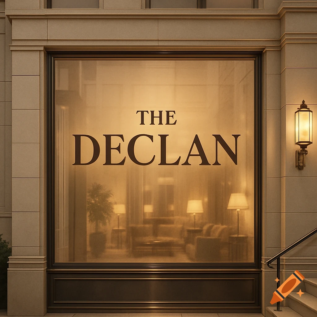 Photorealistic exterior of a luxury townhouse with 'THE DECLAN' written ...