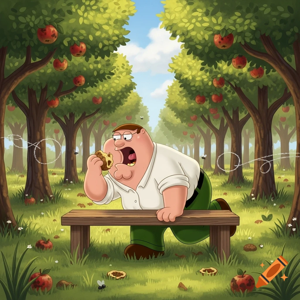Cartoon Peter Griffin in an apple orchard, leaning on a bench and ...