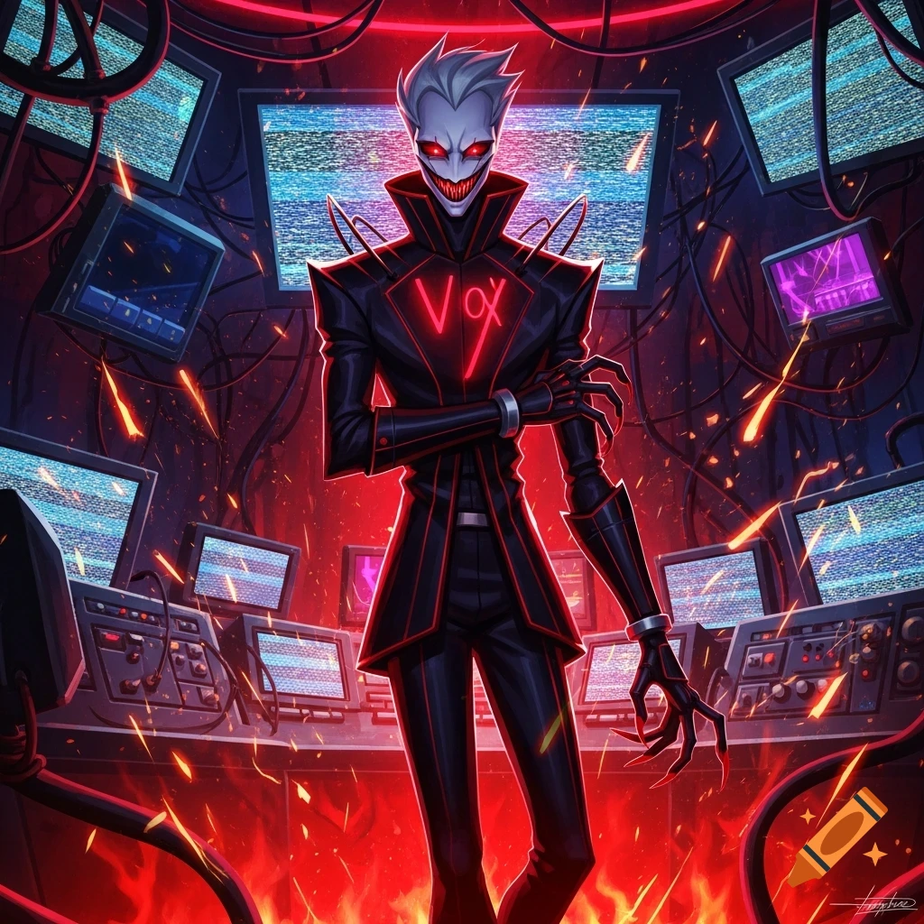 A malevolent, stylized character named Vox from Hazbin Hotel, with pale ...