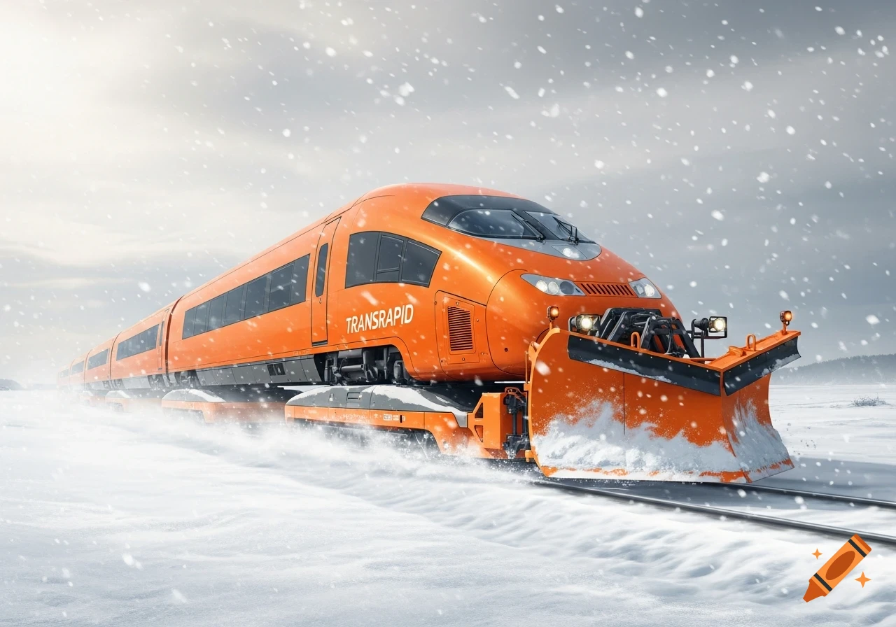 An orange Transrapid maglev train with a snowplow attachment plows ...