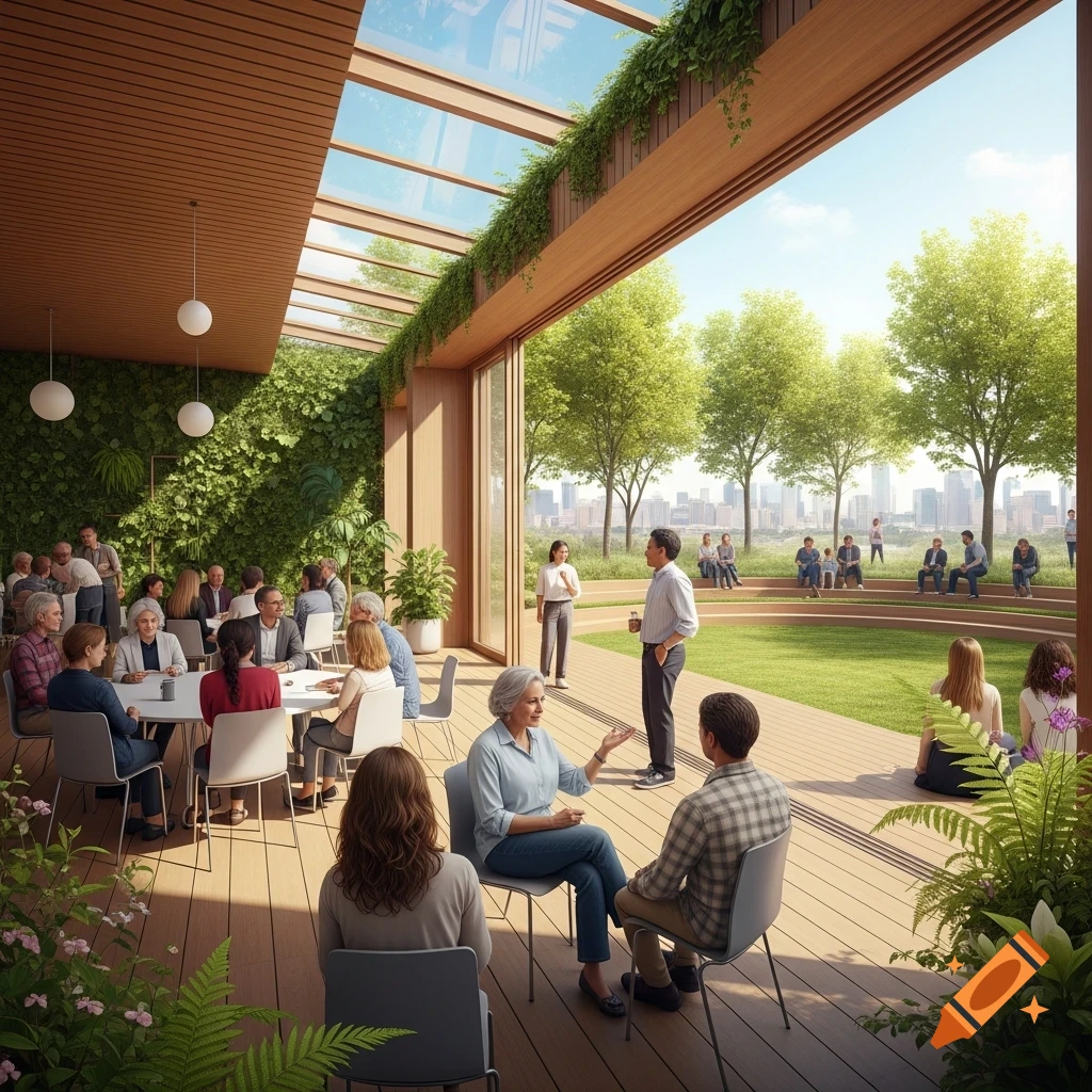 A diverse group of people gathered in a modern, nature-integrated ...