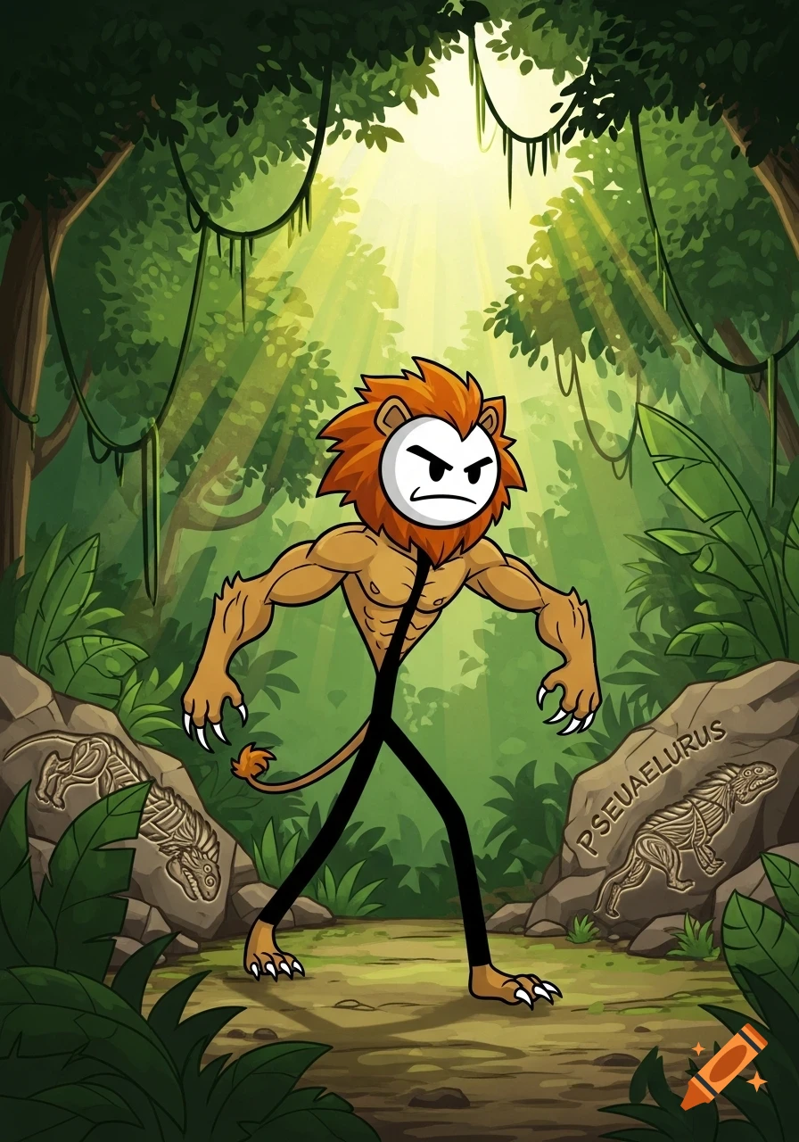 A muscular stickman with a lion's head, paws, and tail stands in a lush ...