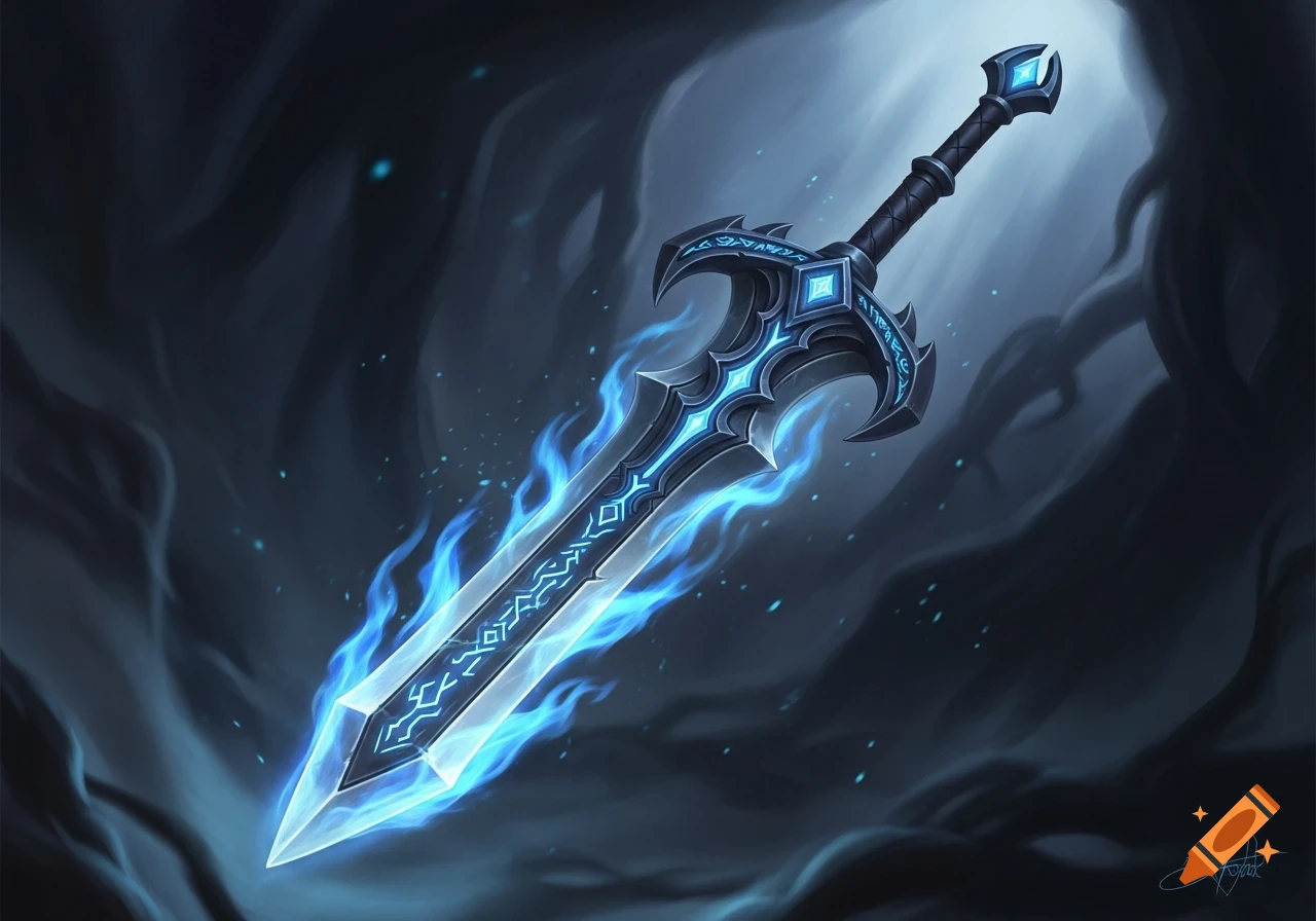 A dark, ornate fantasy greatsword with a black hilt and guard, glowing ...