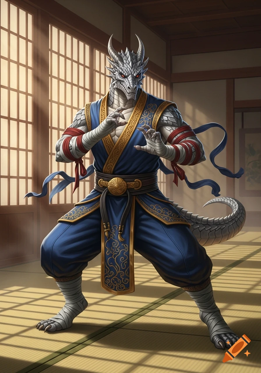 A silver-scaled male dragonborn monk with red eyes, wearing ornate blue ...