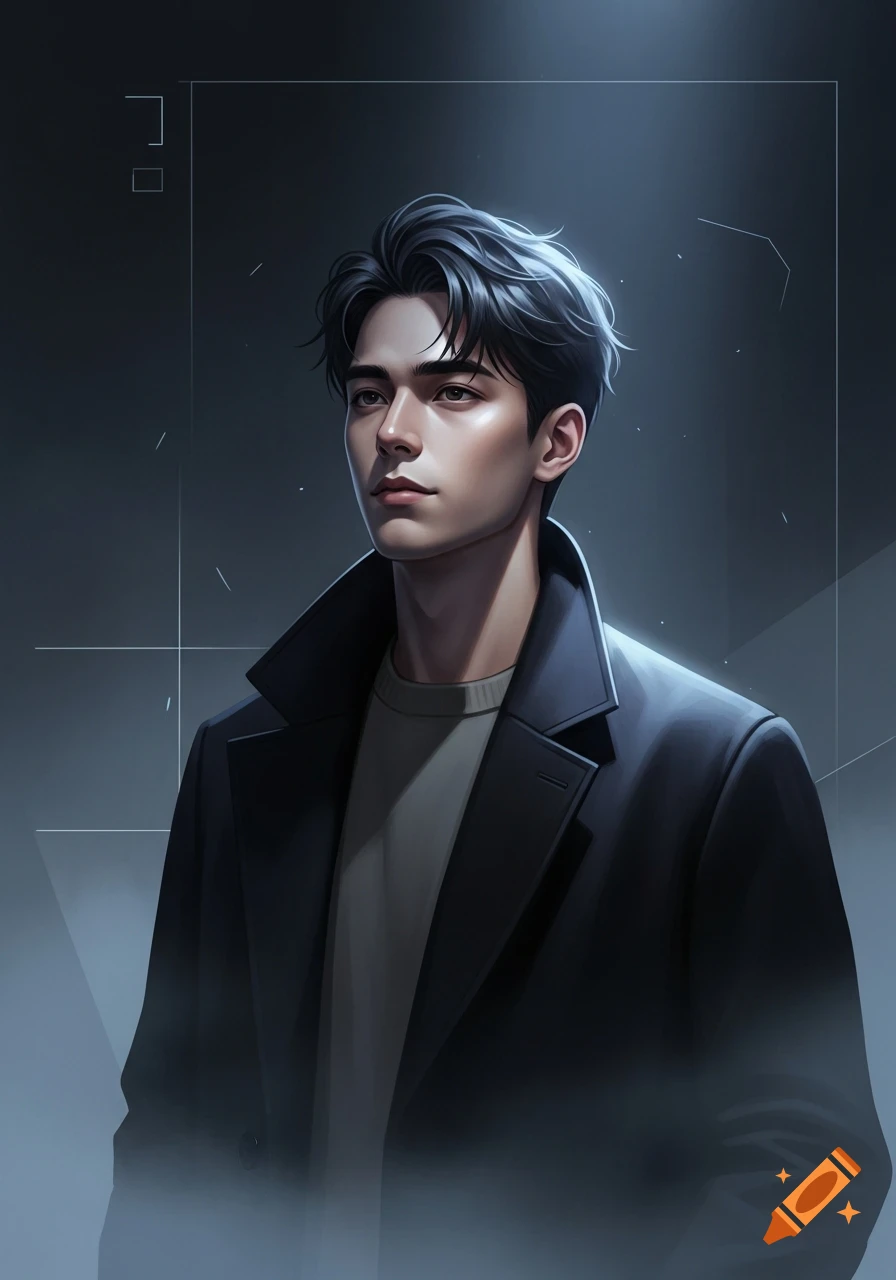 Digital art portrait of a thoughtful young man in a dark coat, looking ...
