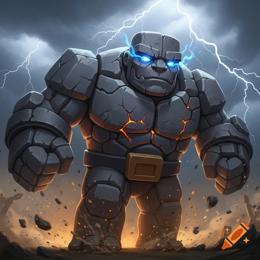 A powerful, grey stone Golem with glowing blue eyes and cracks ...