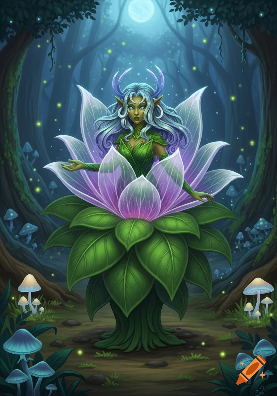 Ethereal plant spirit with blue hair and horns emerging from a large ...