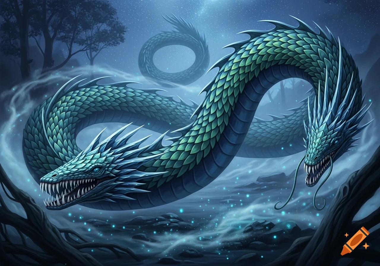 A large green and blue scaly dragon with sharp teeth and spikes coils ...