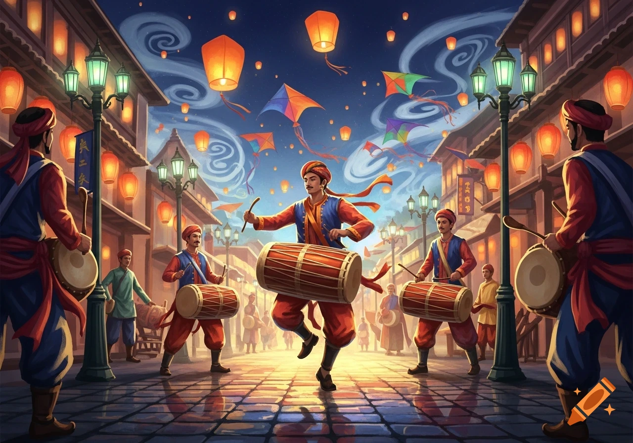 Vibrant illustration of people playing drums and dancing in a lantern-lit street festival with ...