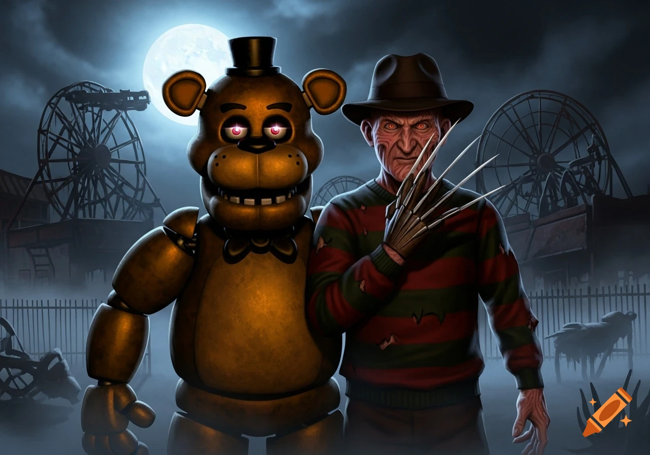 Freddy Fazbear and Freddy Krueger stand together in a spooky abandoned ...
