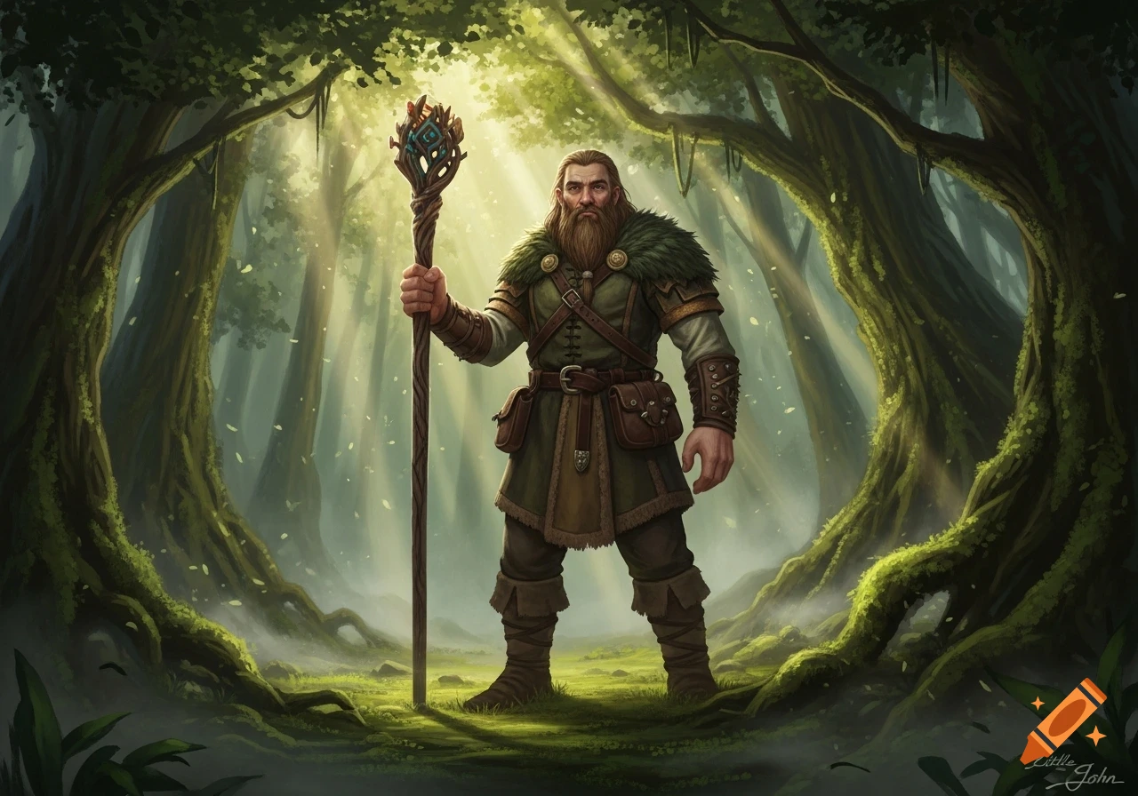 A bearded man in fantasy attire holds a staff in a sun-dappled, mossy ...