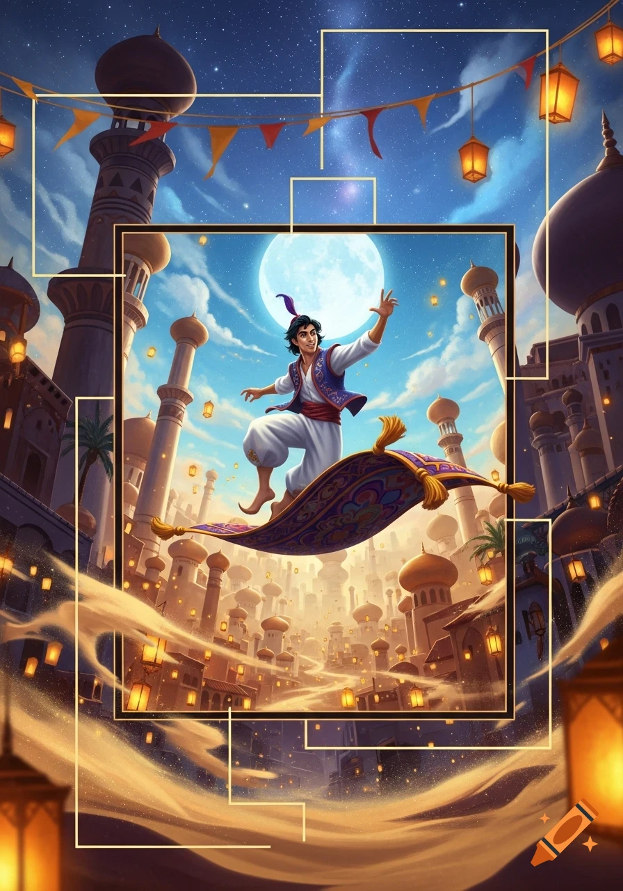 Aladdin flies on a magic carpet above an ornate Arabian city at night ...