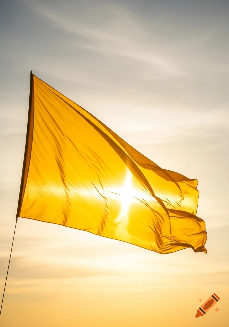A bright yellow flag or banner waves against a sunny, slightly cloudy ...
