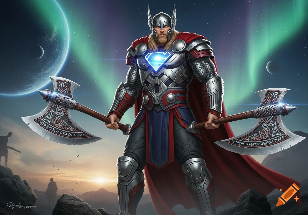 A powerful Thor-like warrior in silver and red armor with a blue ...