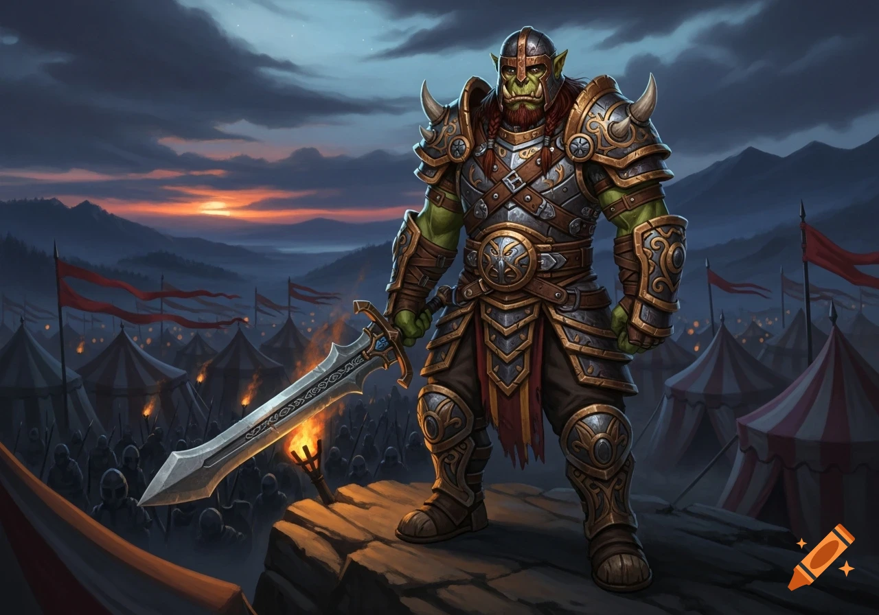 An imposing armored orc general with a sword stands atop a rock ...