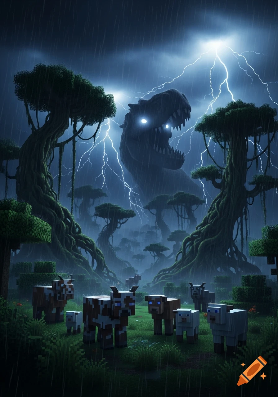 Minecraft-style animals stand in a dark, stormy jungle with lightning ...