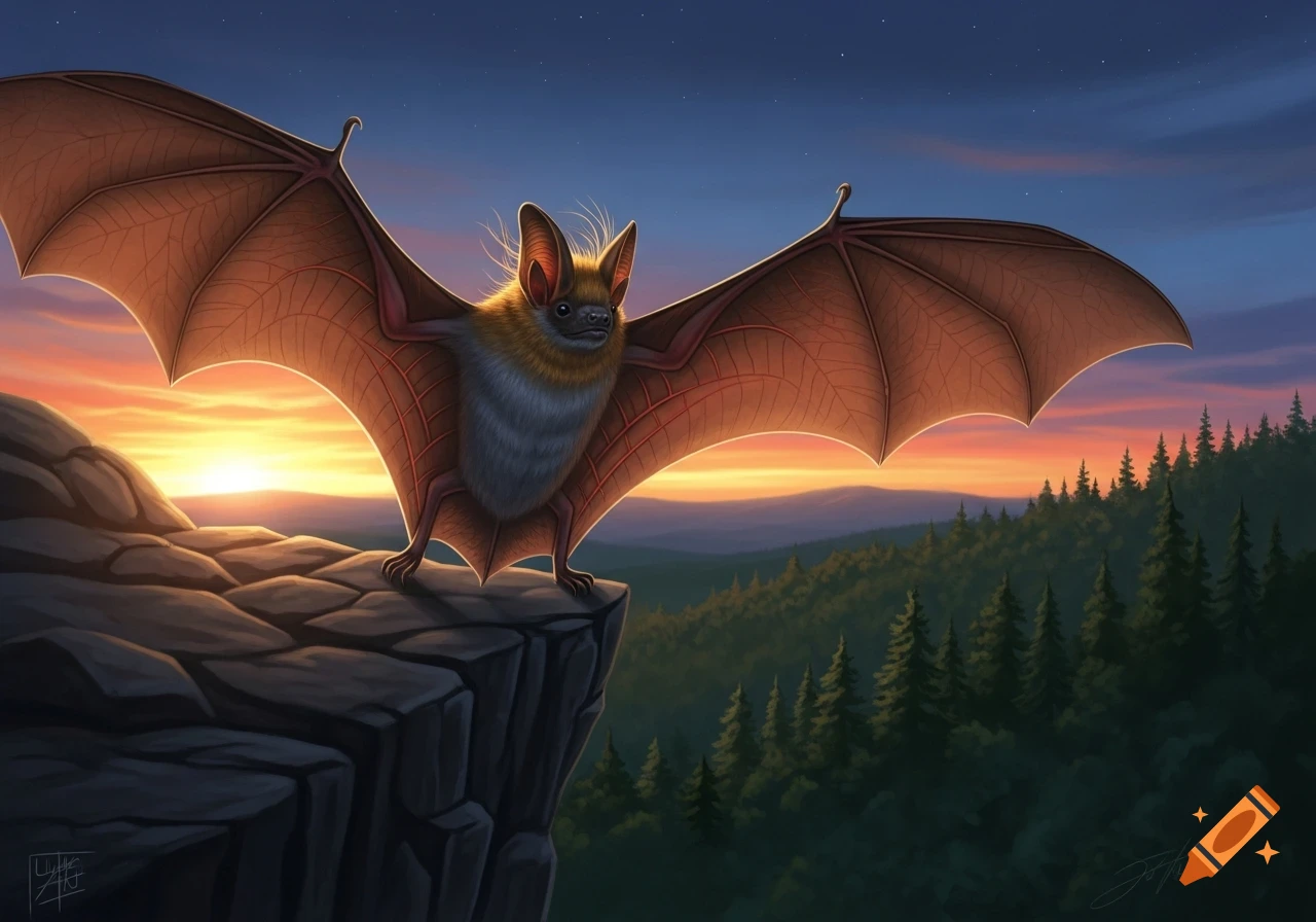 A stylized bat with outstretched wings perches on a cliff overlooking a ...