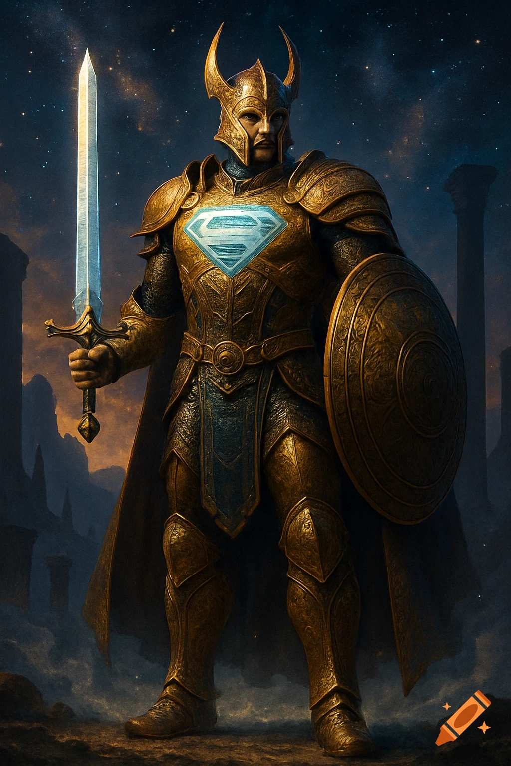 A warrior in elaborate gold and blue armor, with a glowing blue ...
