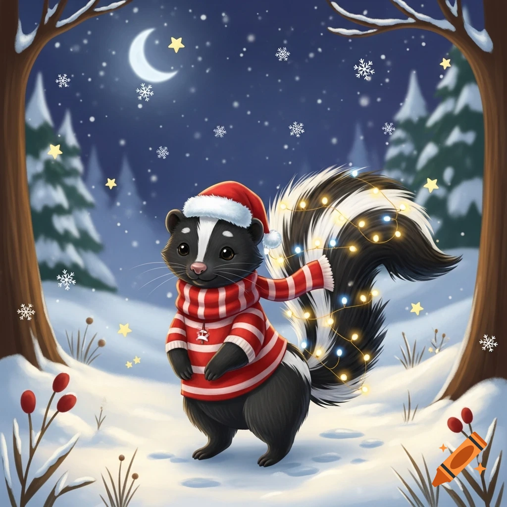 A cute cartoon skunk in a Santa hat and striped sweater, with string ...