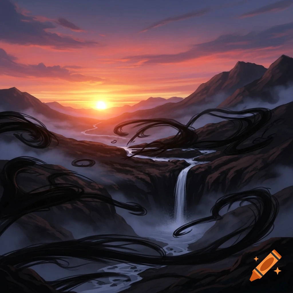 Dramatic sunset over a mountainous landscape with a small waterfall and ...