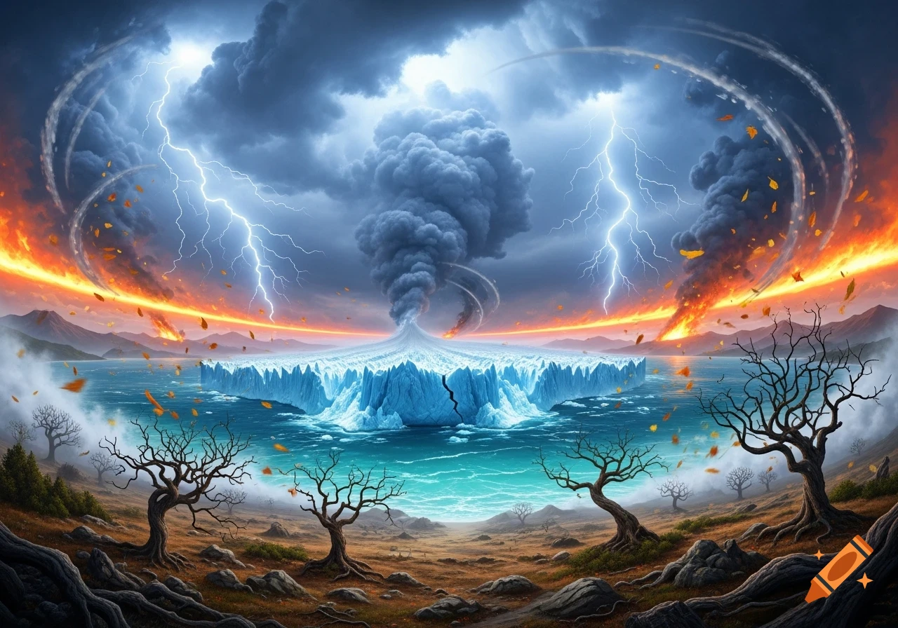 A dramatic landscape depicting an erupting volcano within an icy lake ...