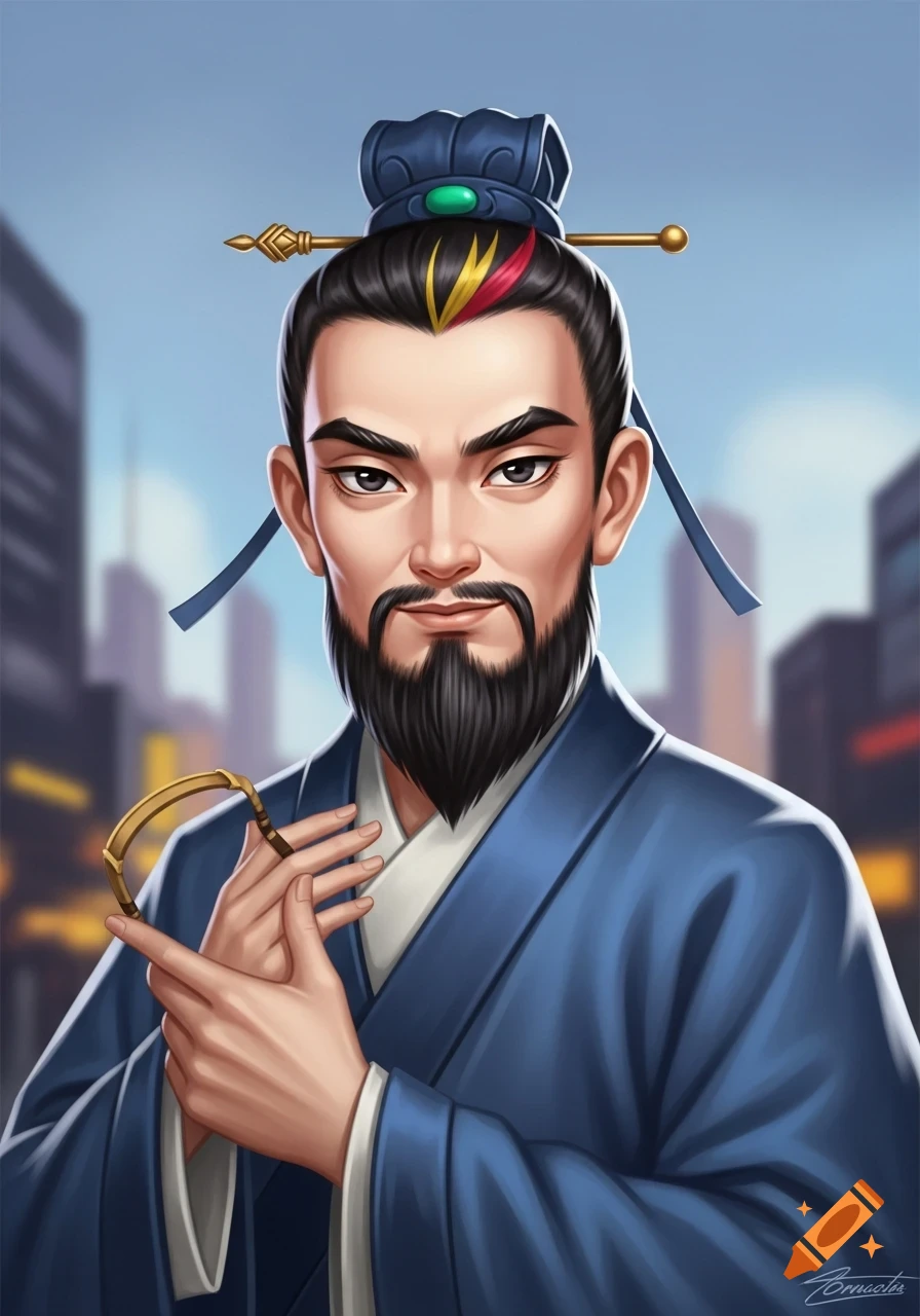 Stylized portrait of a bearded Asian man in blue traditional attire ...