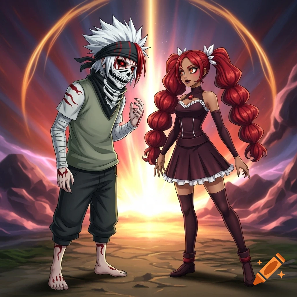 Two anime-style characters, a male with a skull mask and bloodied limbs ...