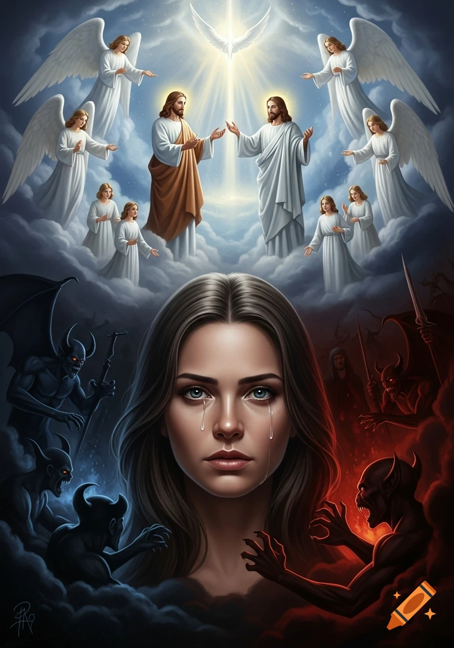 A crying woman centered, with heavenly figures like Jesus, angels, and ...