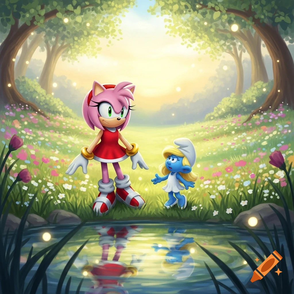 Amy Rose and Smurfette stand by a pond in a magical forest meadow ...