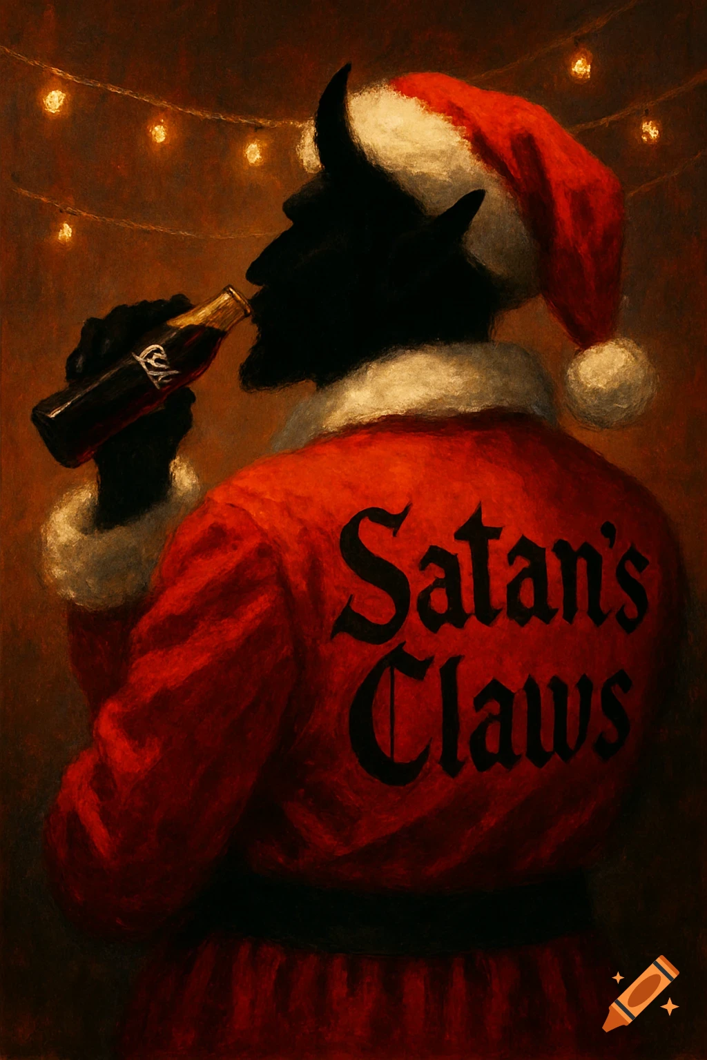 Dark art painting of a shadowy devil in a Santa suit from behind ...