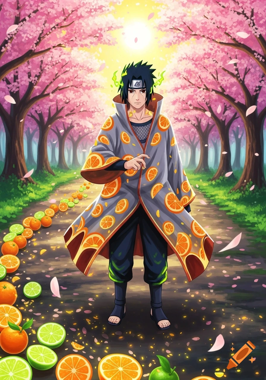 Sasuke Uchiha in an orange-slice patterned robe walks a path with ...