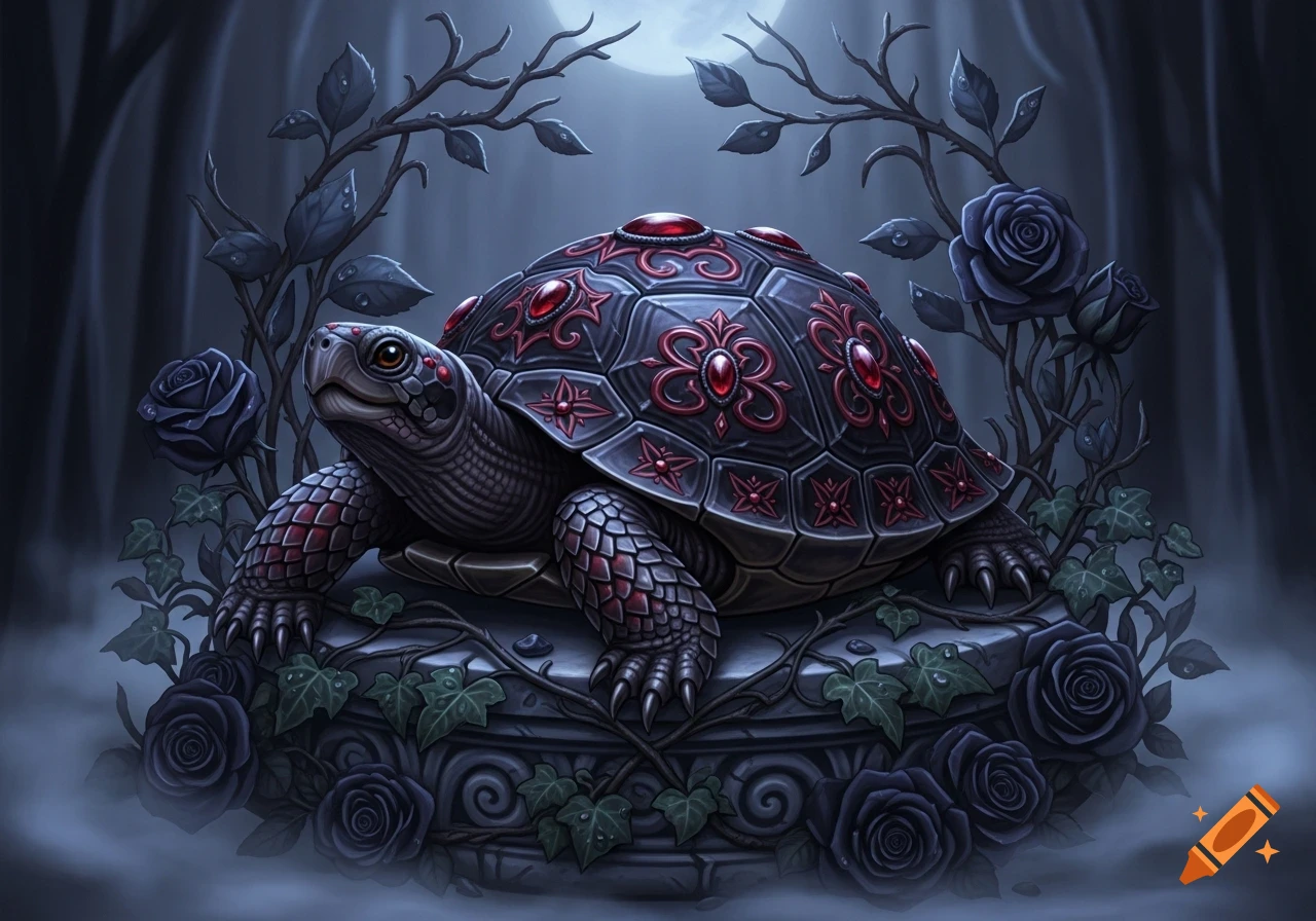 Ornate dark turtle with a jeweled shell on a stone pedestal surrounded ...