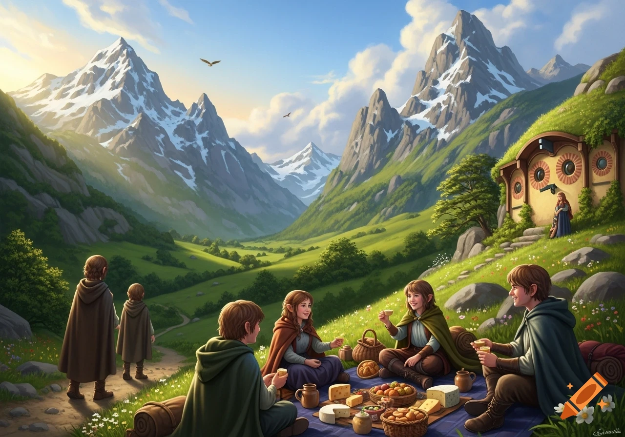 Illustrated fantasy scene of hobbit-like characters picnicking in a ...