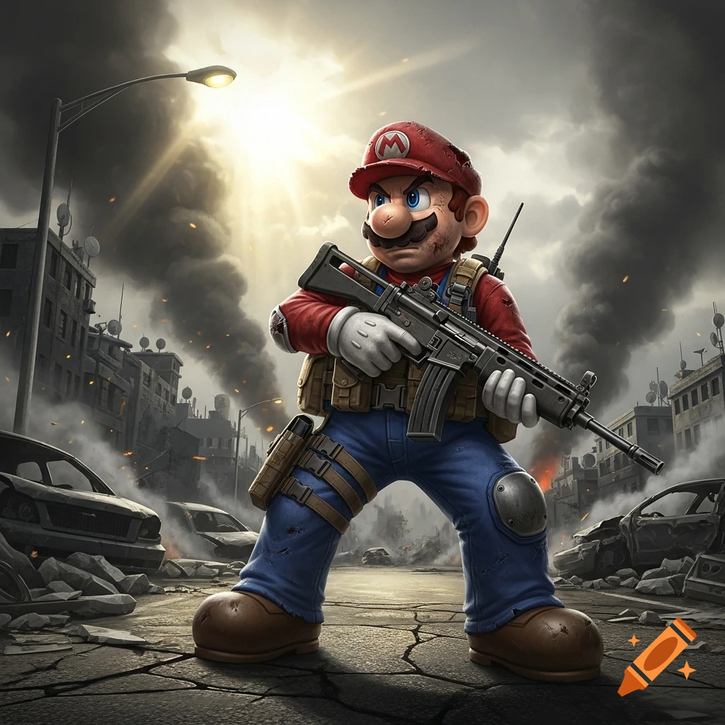 Mario, wearing military gear, holds an assault rifle in a destroyed ...