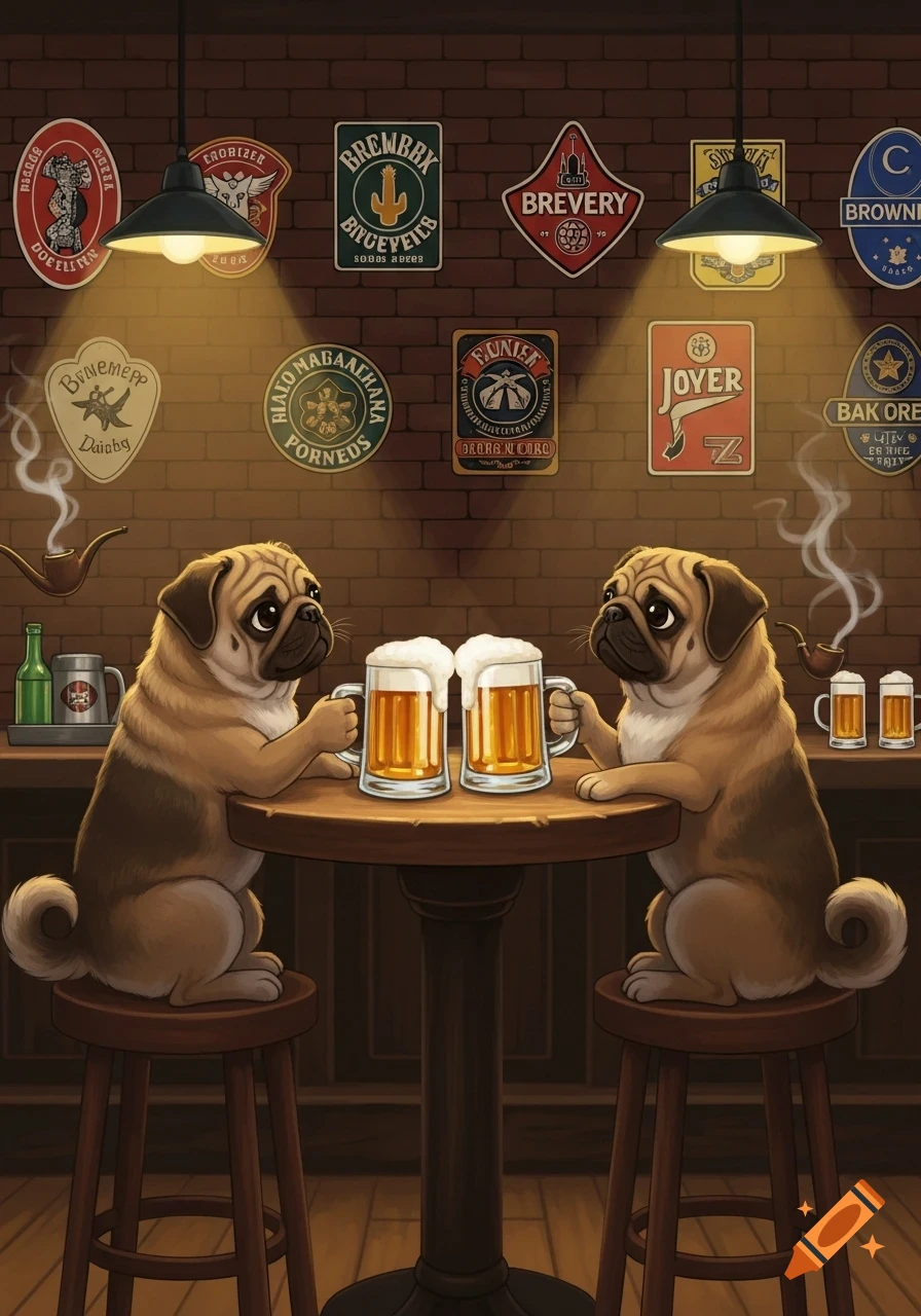Two cartoon pugs sit at a wooden table in a dimly lit brick bar, each ...