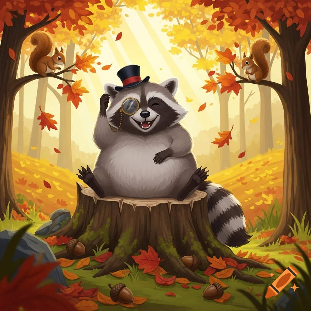 A happy, stout cartoon raccoon in a top hat and monocle sits on a stump ...