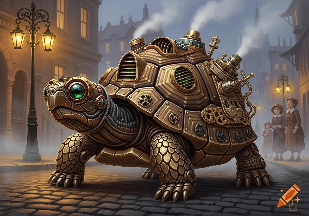 A large, detailed steampunk robot tortoise with glowing green eyes on a ...
