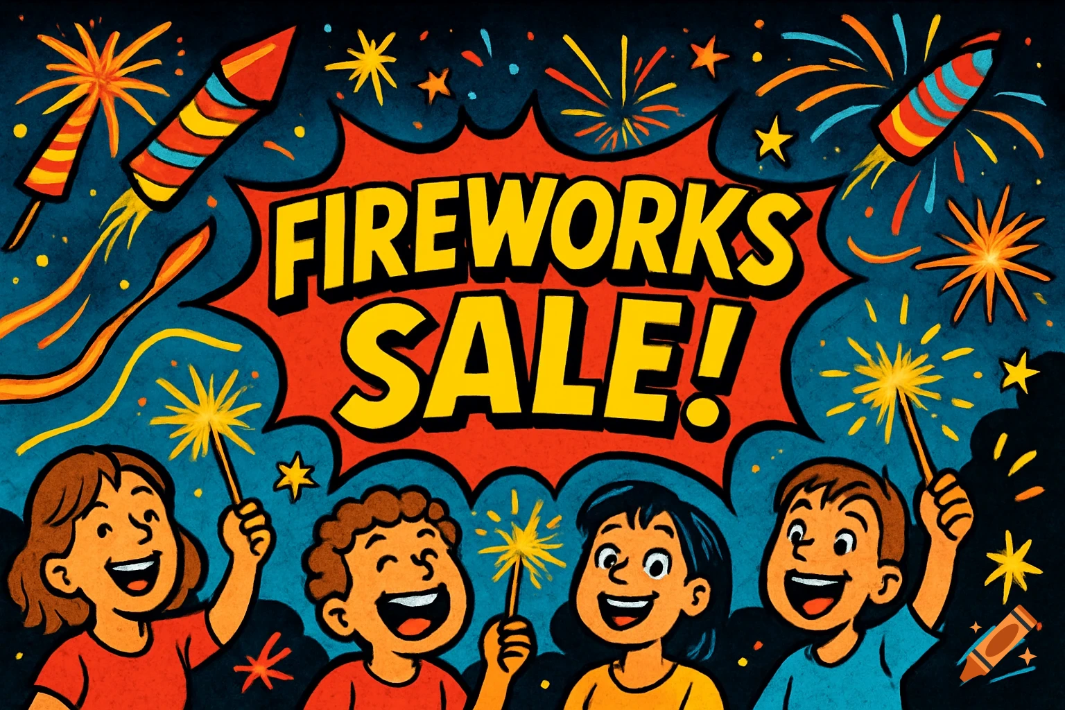 Cartoon of happy children holding sparklers under a 'FIREWORKS SALE ...