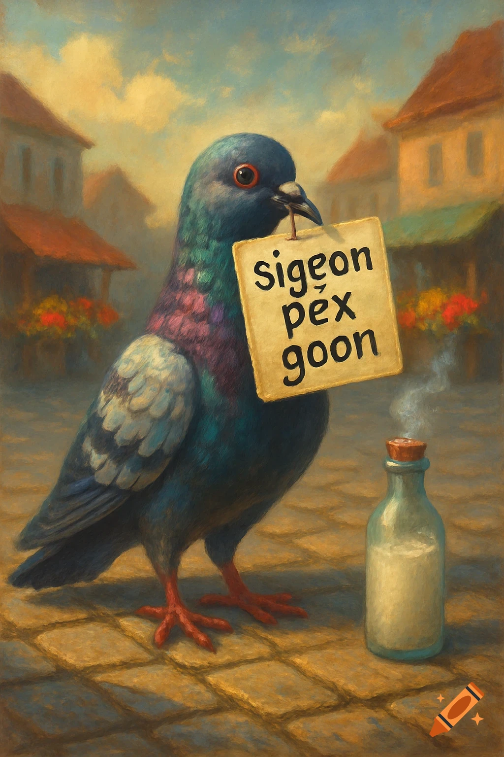 A painterly pigeon holds a sign reading 'sigeon pex goon' on a ...