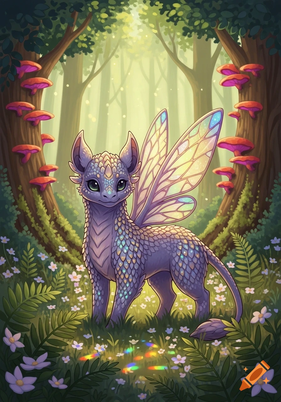 A cute, scaly, winged fantasy creature with big green eyes stands in an ...