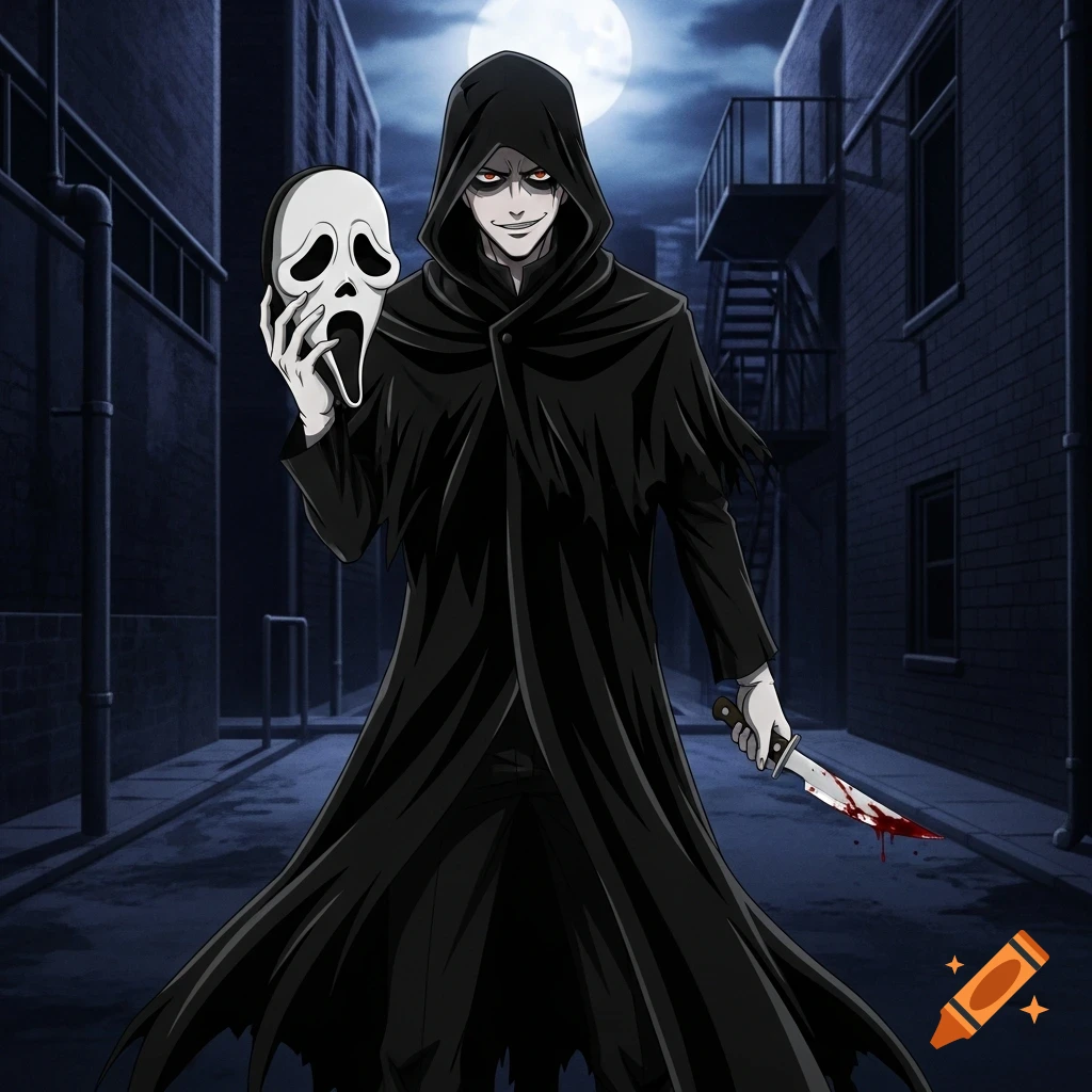 An anime-style character resembling Ghostface, wearing a black hooded ...