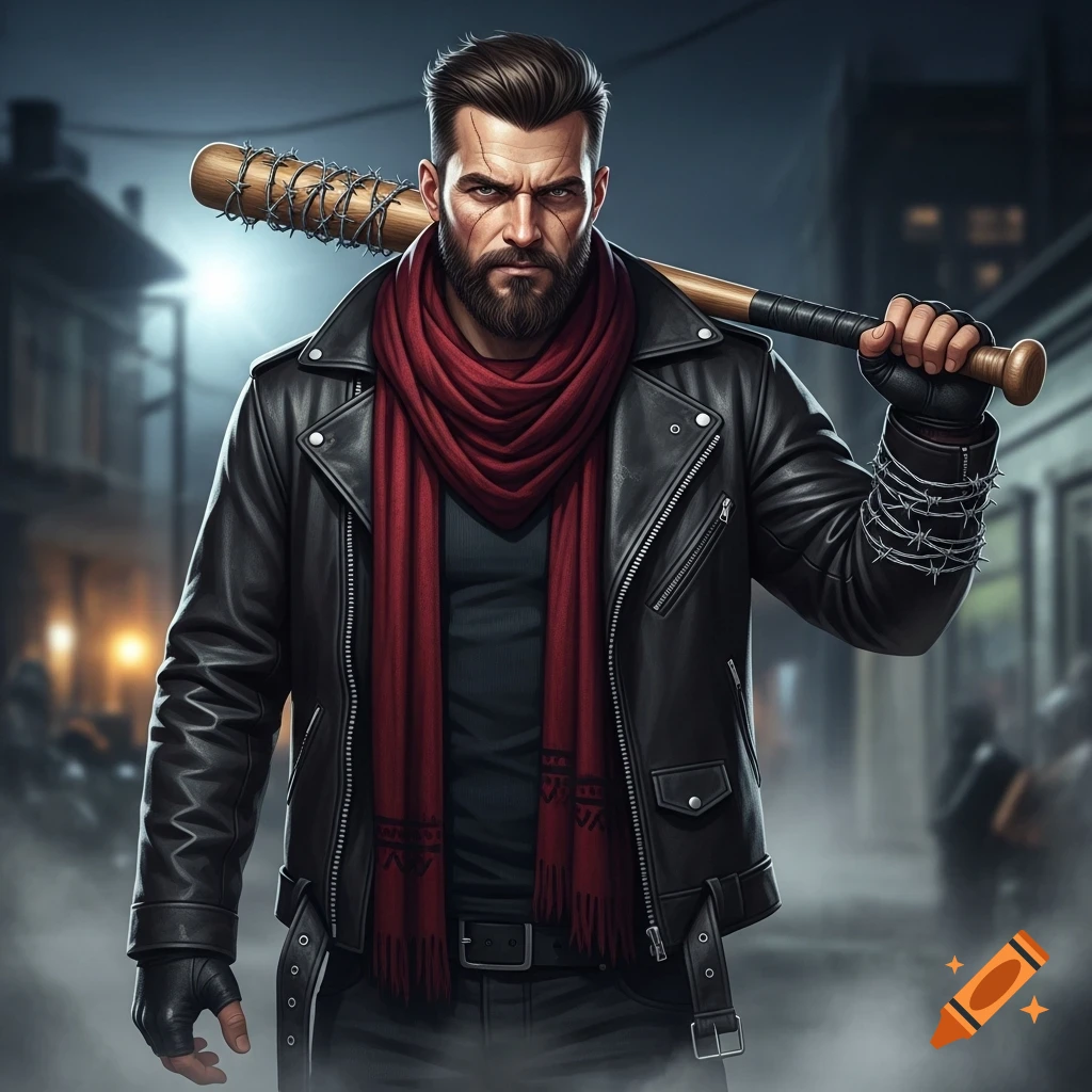 A stylized portrait of an intimidating man with a beard, wearing a ...