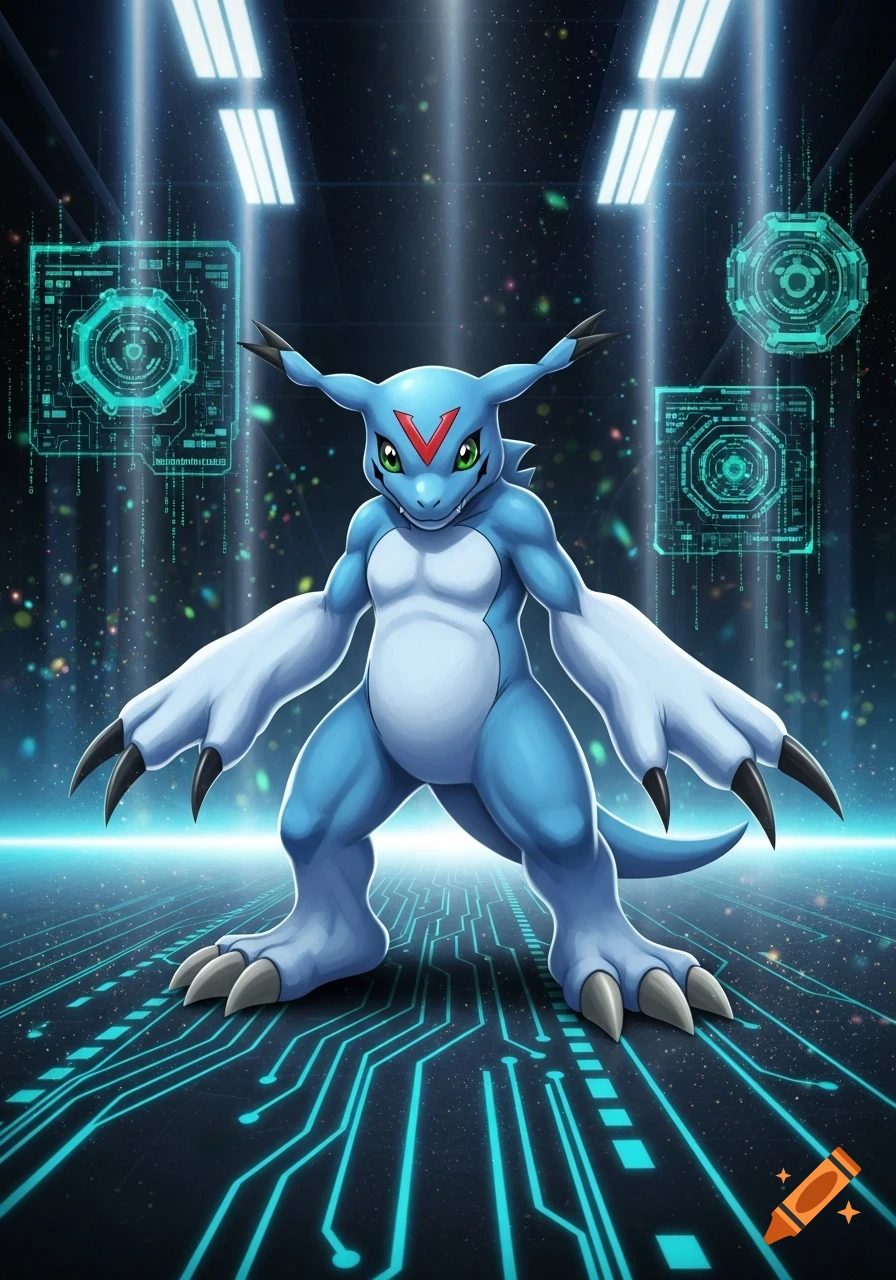 Blue Digimon Veemon stands on a glowing circuit board in a dark ...