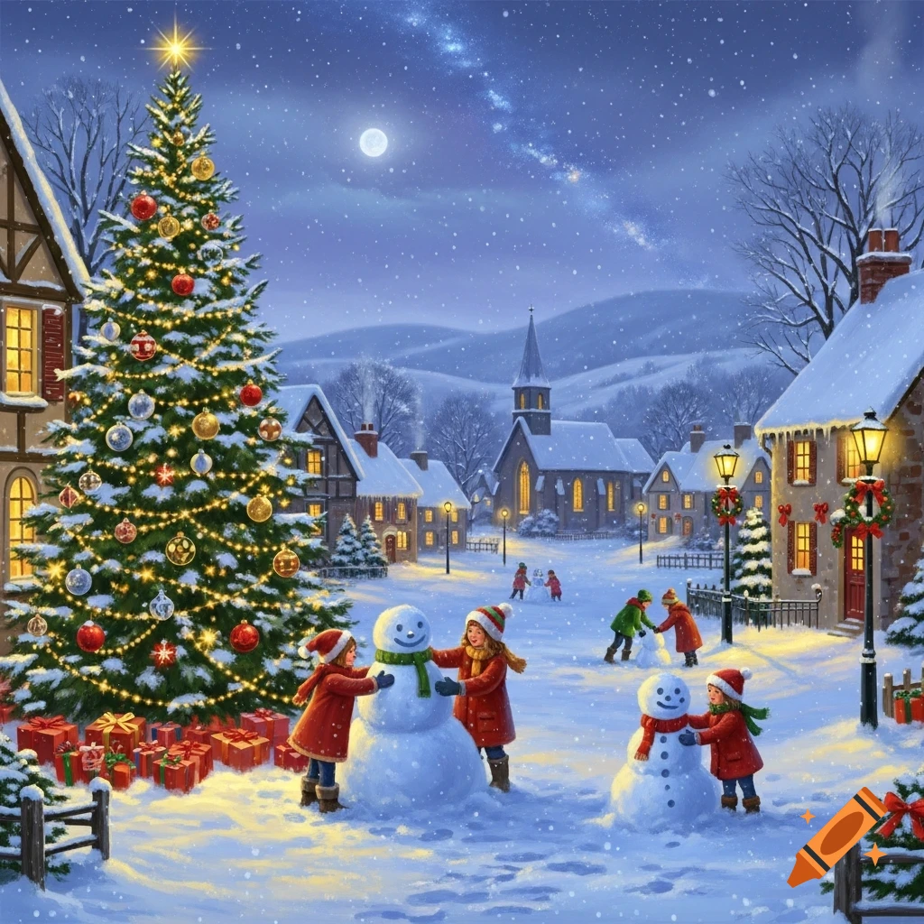 Children build snowmen in a snowy Christmas village at night, with a ...