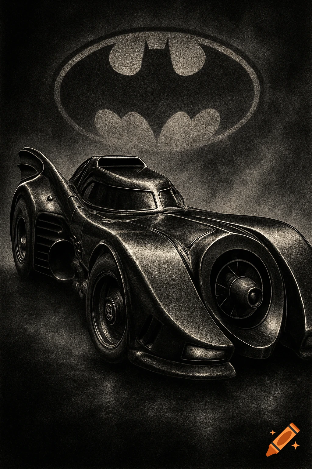 Detailed artistic drawing of the 1989 Batmobile in a dark, misty ...
