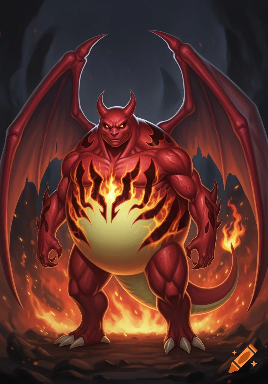 A muscular, red, devil-like creature with horns and large wings stands ...