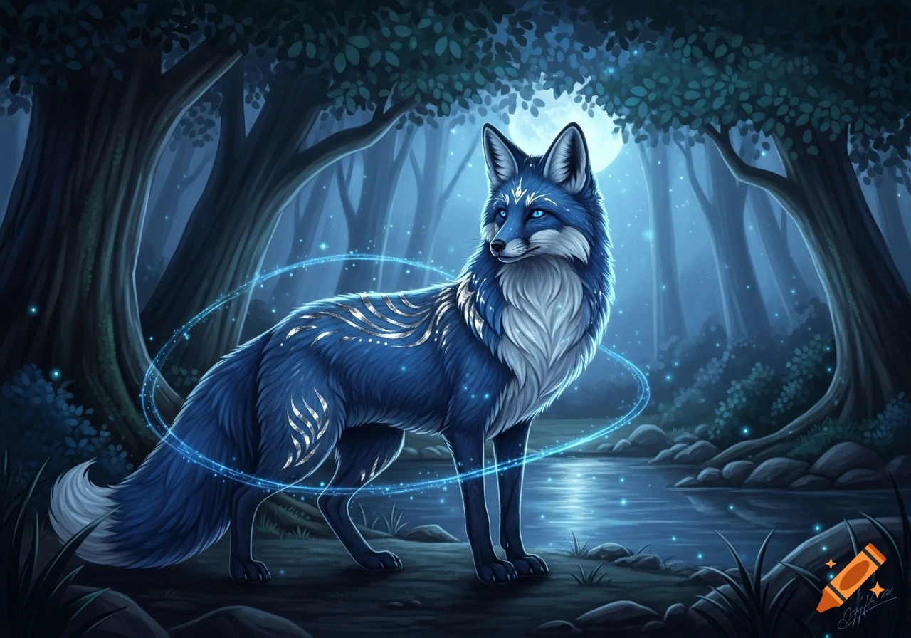A Mystical Blue Fox With Glowing Eyes And Silver Markings Stands In A