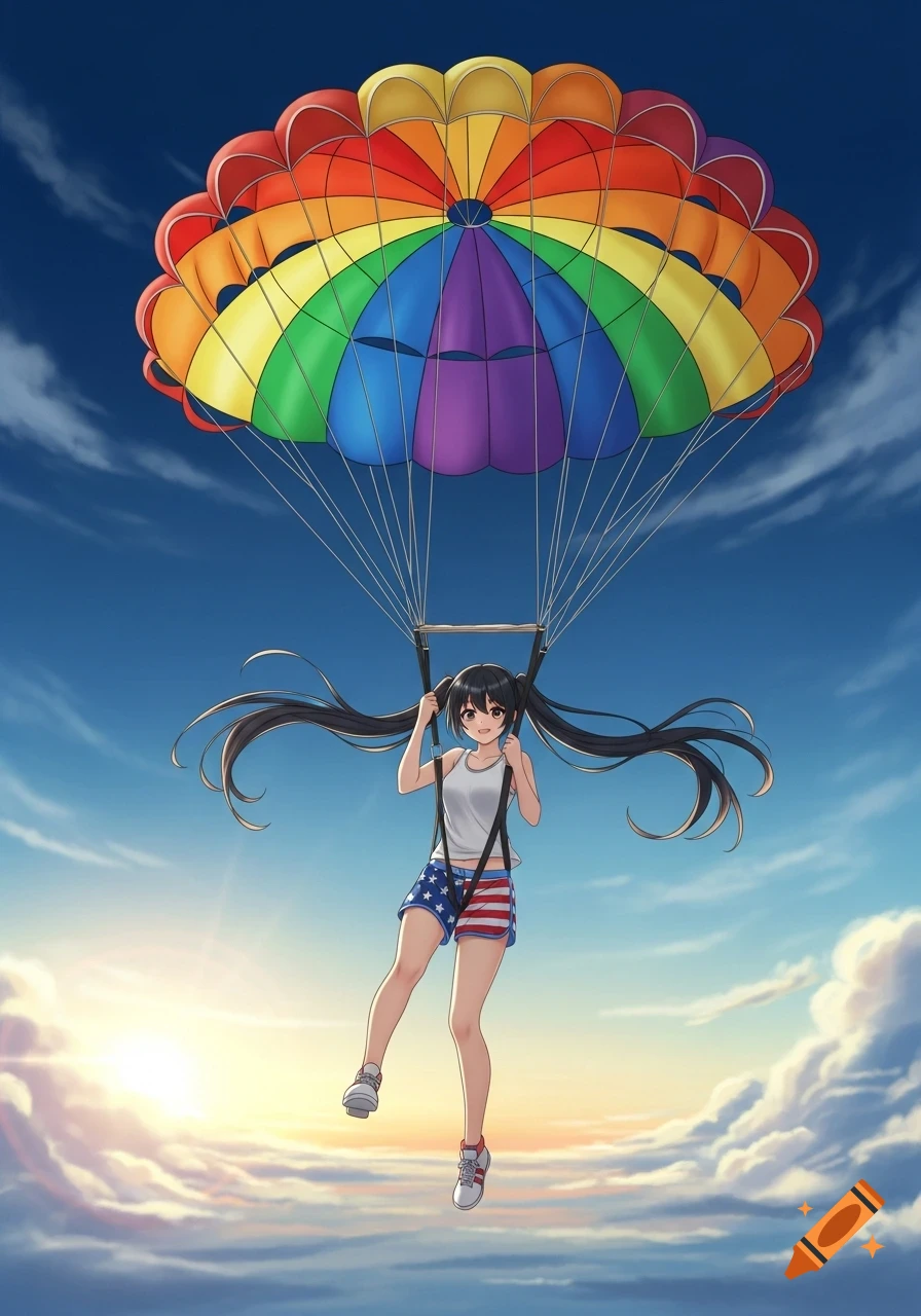 Anime girl with black pigtails, white tank top, and American flag ...