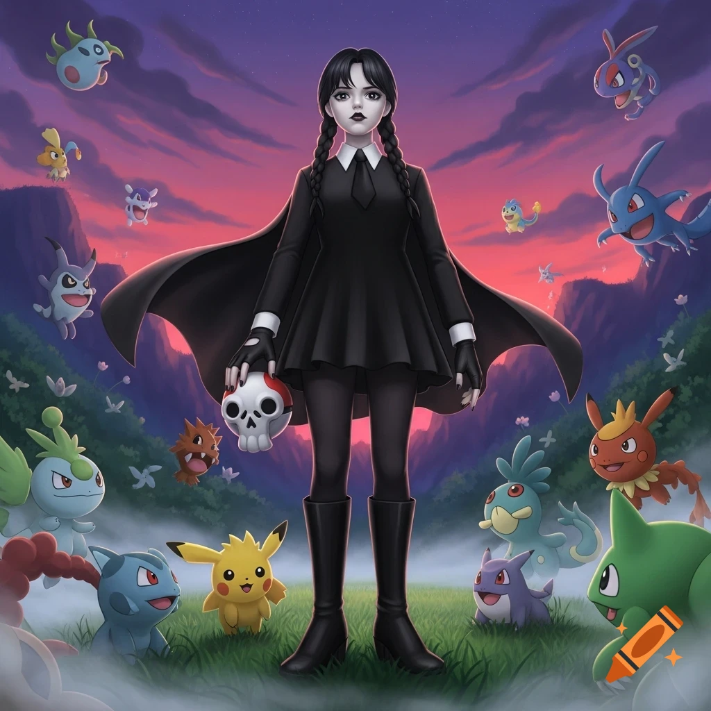Wednesday Addams in a black dress holds a skull Pok\u00e9 Ball ...